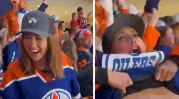 Female Oilers fan flashes the crowd during game 5