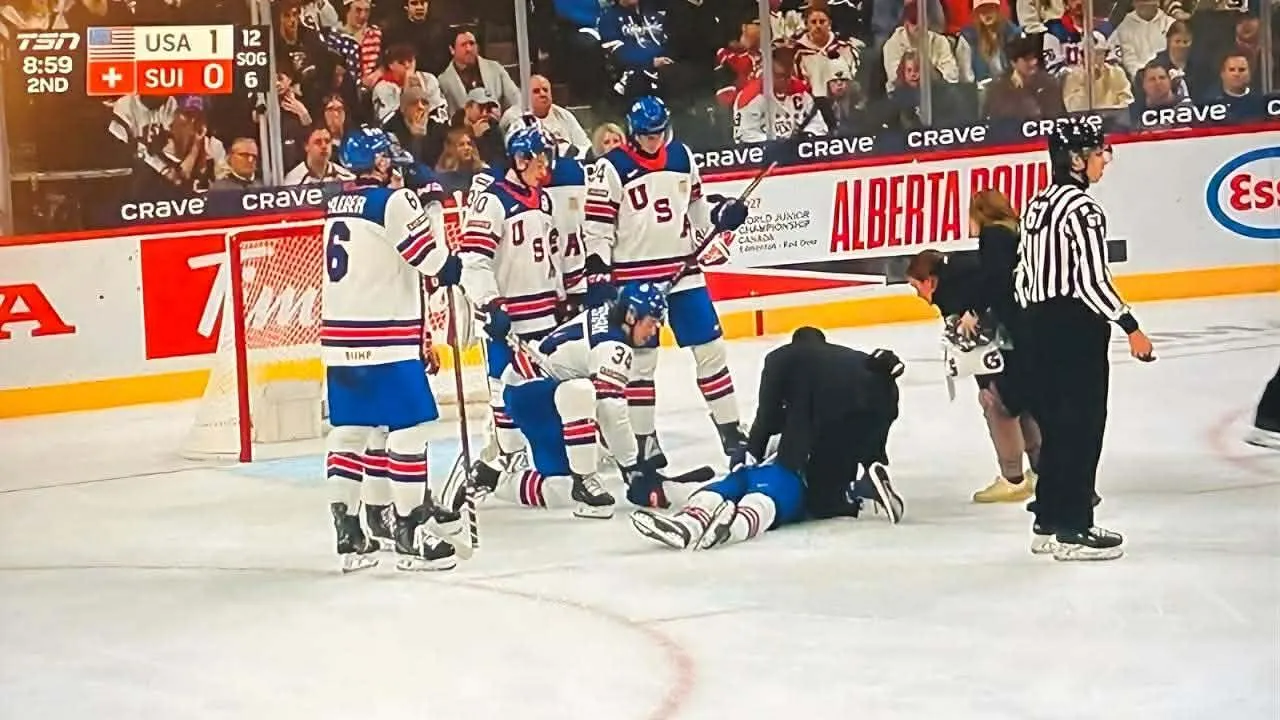 World Juniors scare as Lane Hutson's brother Cole is stretchered off ...