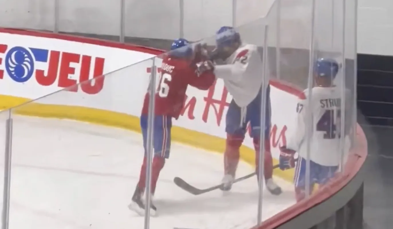 Scène physique à l'entraînement du Canadien de Montréal : Bolduc travaill